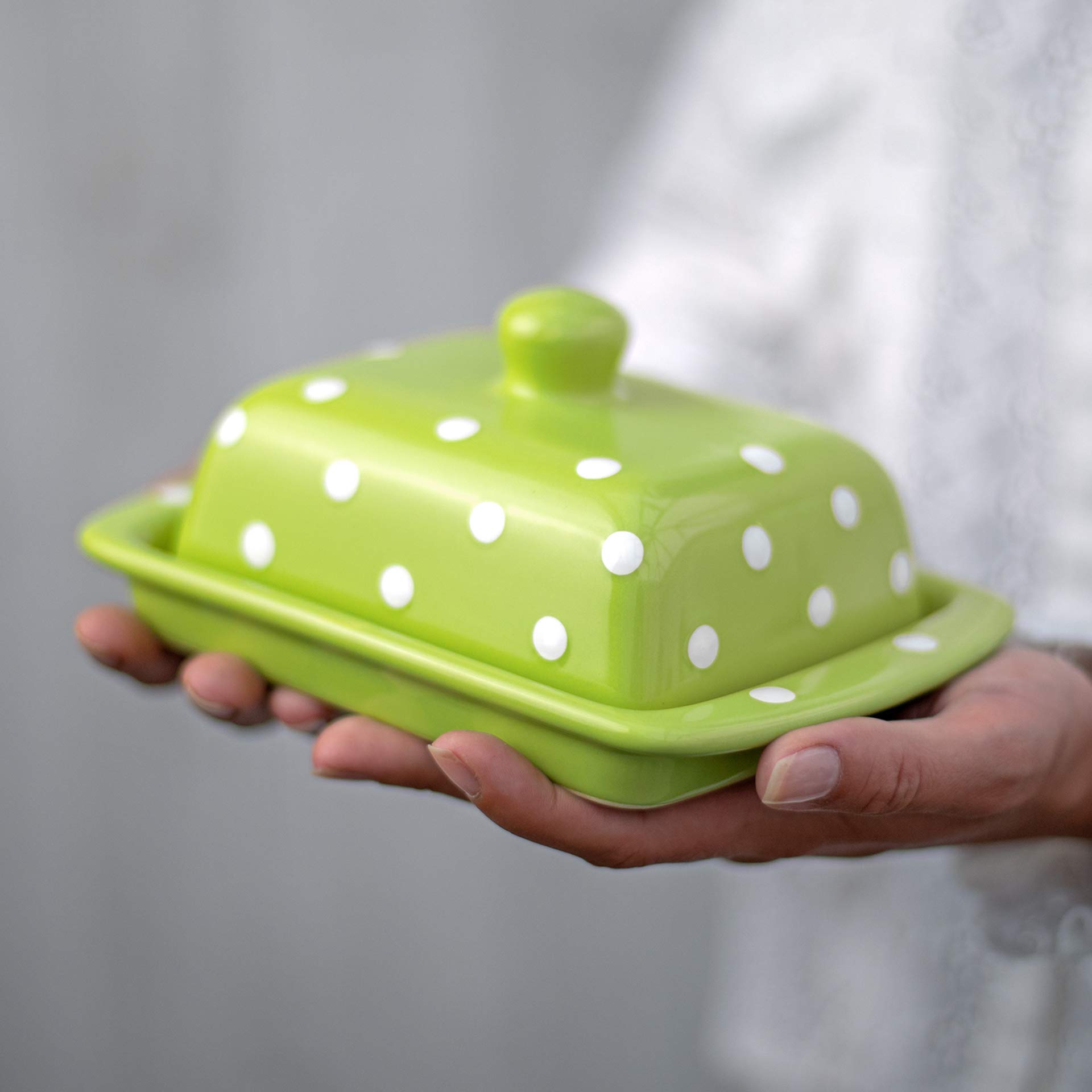 Handmade Ceramic European Covered Butter Dish With Lid | Unique Lime Green and White Polka Dot Pottery Butter Keeper | Housewarming Gift by City to Cottage®