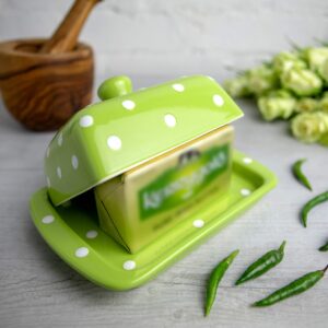 Handmade Ceramic European Covered Butter Dish With Lid | Unique Lime Green and White Polka Dot Pottery Butter Keeper | Housewarming Gift by City to Cottage®