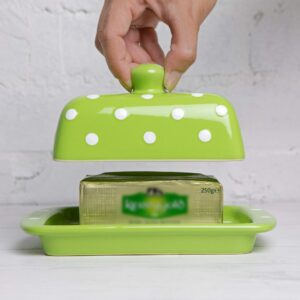 Handmade Ceramic European Covered Butter Dish With Lid | Unique Lime Green and White Polka Dot Pottery Butter Keeper | Housewarming Gift by City to Cottage®