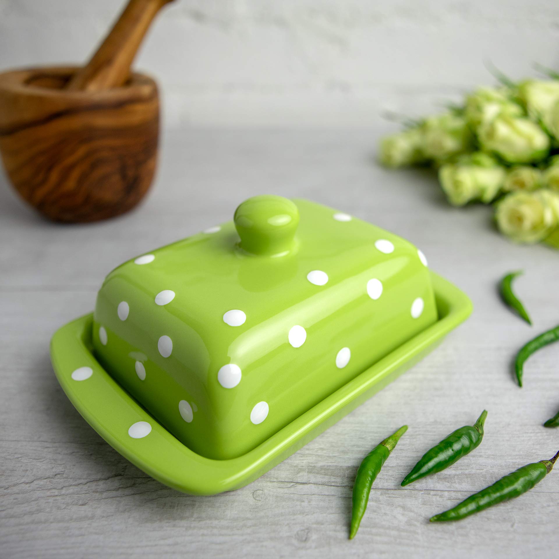 Handmade Ceramic European Covered Butter Dish With Lid | Unique Lime Green and White Polka Dot Pottery Butter Keeper | Housewarming Gift by City to Cottage®