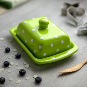 Handmade Ceramic European Covered Butter Dish With Lid | Unique Lime Green and White Polka Dot Pottery Butter Keeper | Housewarming Gift by City to Cottage®