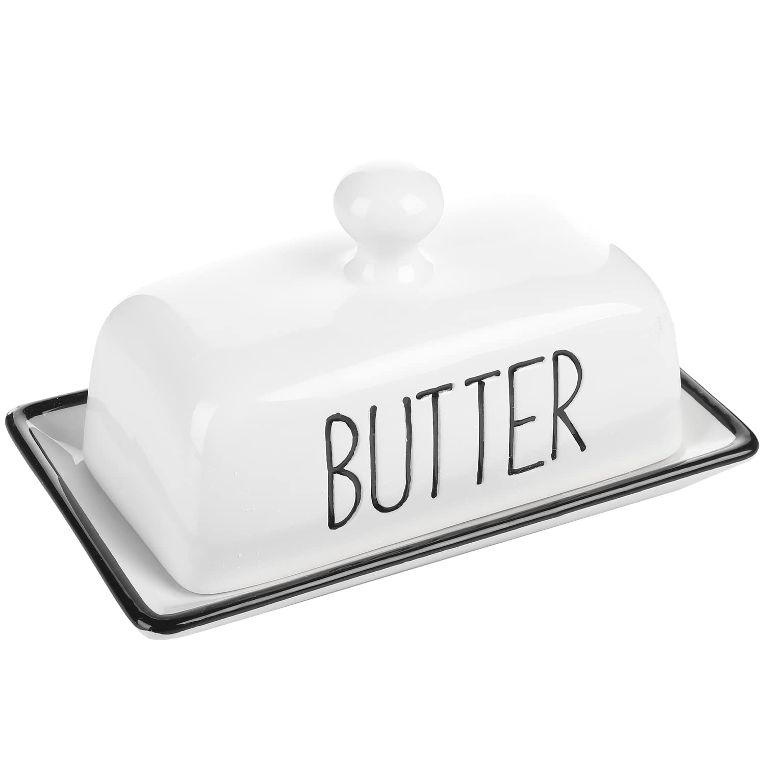 MyGift Retro Style White Ceramic Butter Dish with Lid, Countertop Butter Container with Black Rim and BUTTER Word Design