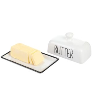 MyGift Retro Style White Ceramic Butter Dish with Lid, Countertop Butter Container with Black Rim and BUTTER Word Design