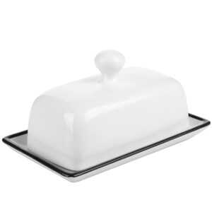 MyGift Retro Style White Ceramic Butter Dish with Lid, Countertop Butter Container with Black Rim and BUTTER Word Design