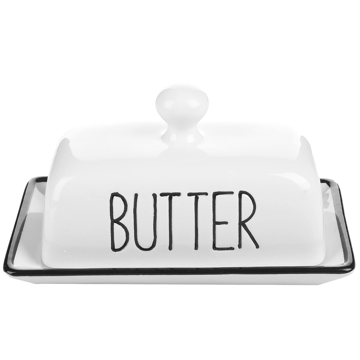 MyGift Retro Style White Ceramic Butter Dish with Lid, Countertop Butter Container with Black Rim and BUTTER Word Design