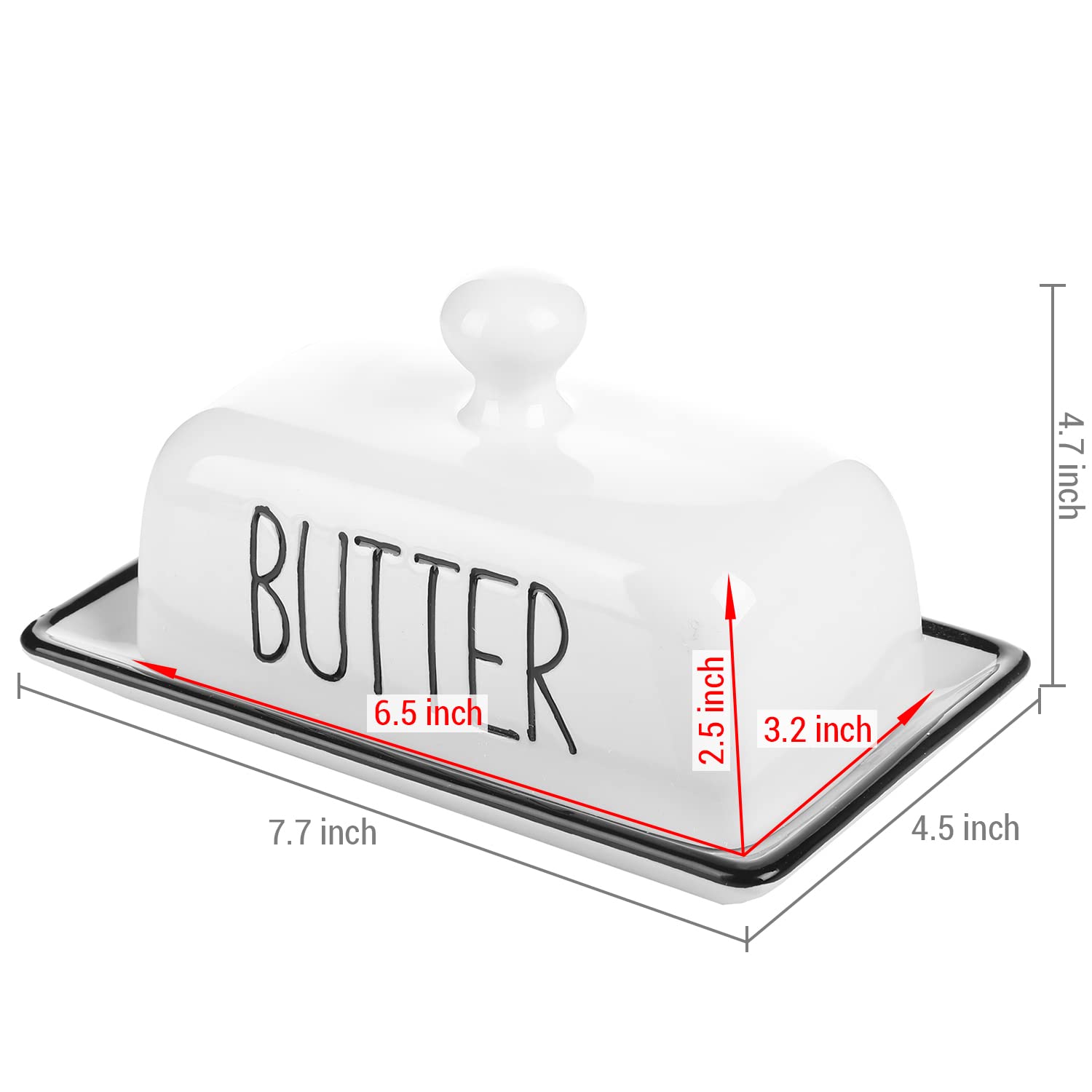 MyGift Retro Style White Ceramic Butter Dish with Lid, Countertop Butter Container with Black Rim and BUTTER Word Design