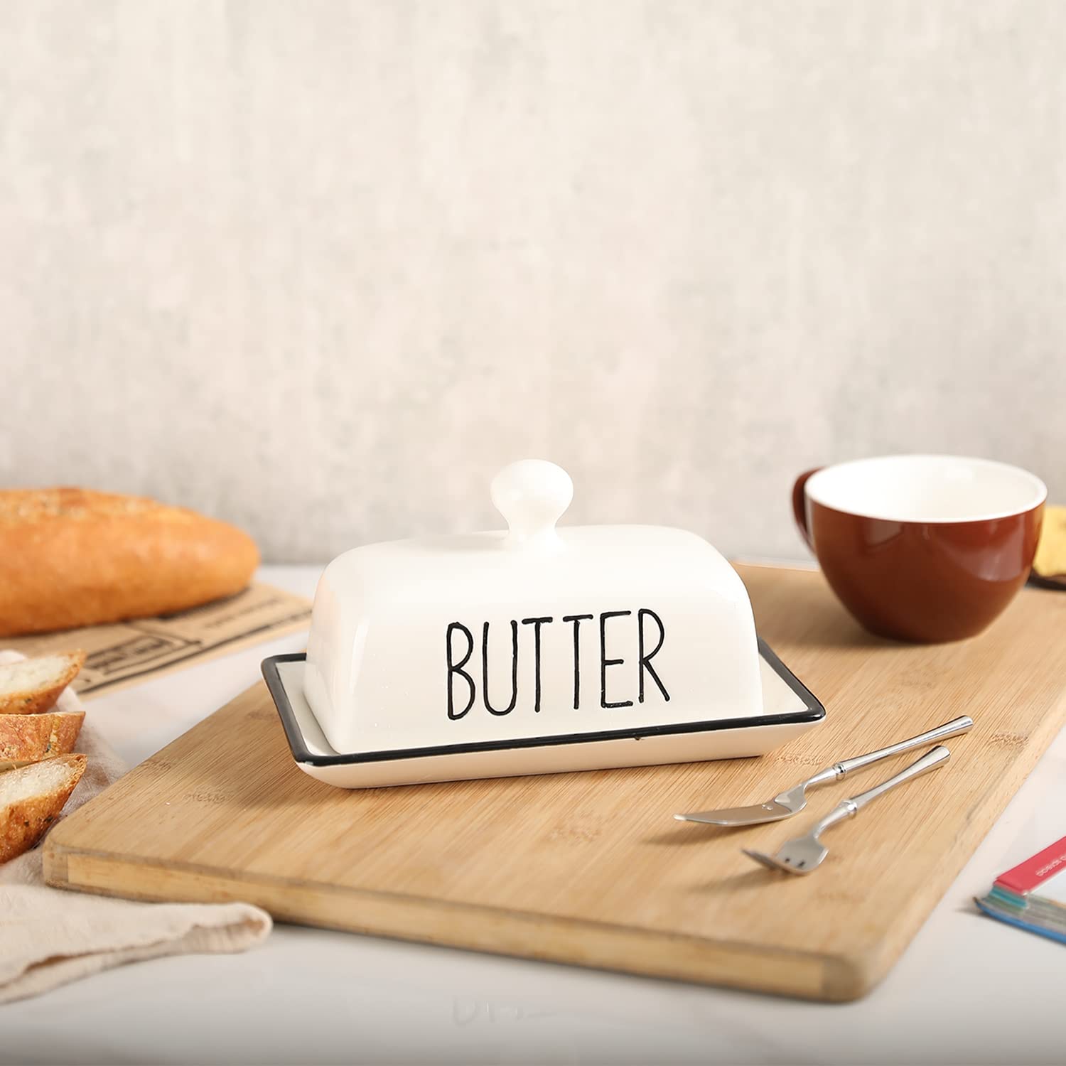 MyGift Retro Style White Ceramic Butter Dish with Lid, Countertop Butter Container with Black Rim and BUTTER Word Design