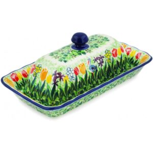 polish pottery 8¾-inch butter dish made by ceramika artystyczna (crane in tulip splendor theme) signature unikat + certificate of authenticity