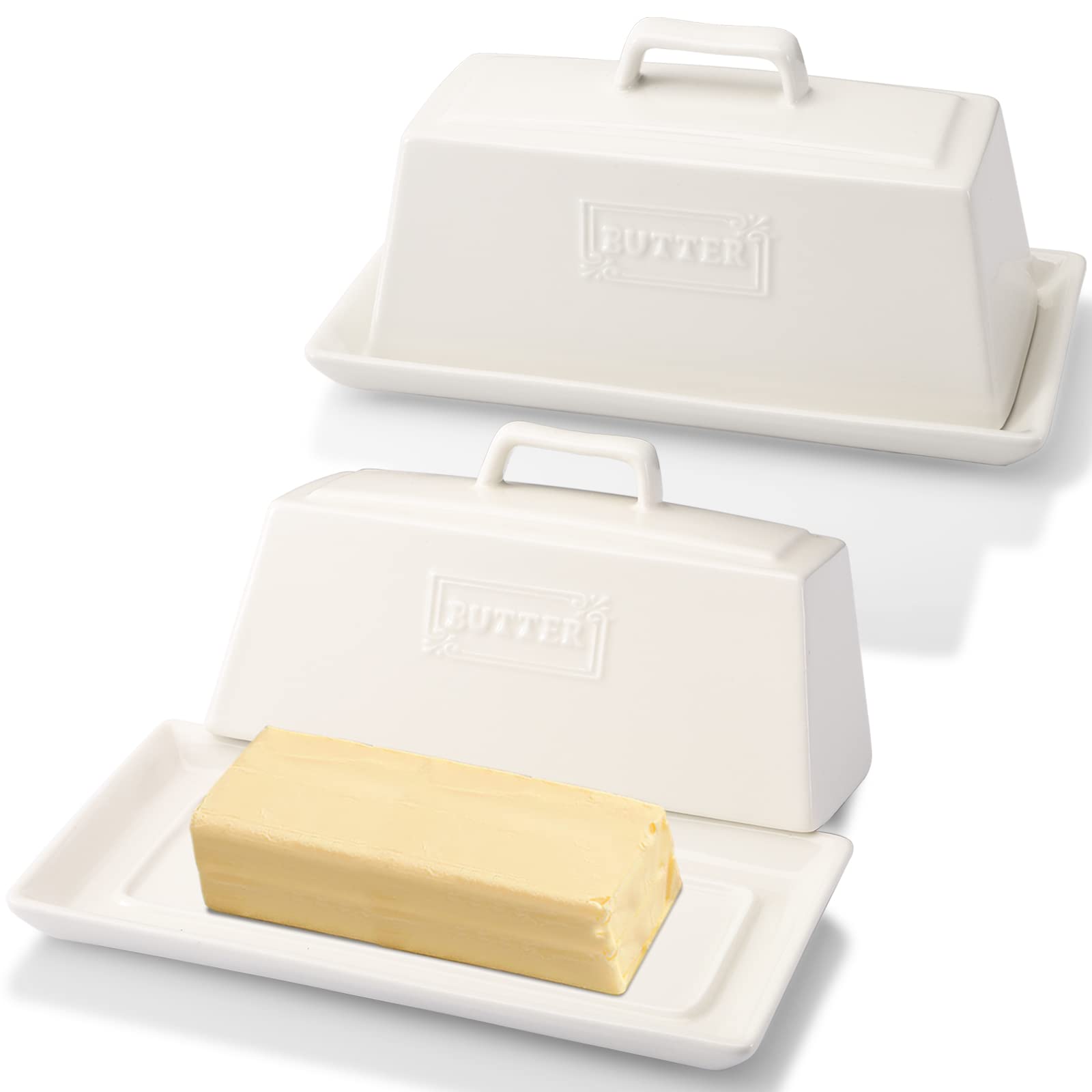 AVLA 2 Pack Porcelain Butter Dish with Lids, 7.6" Rectangle Ceramic Butter Keeper for Countertop, Covered Butter Tray Holder For Butter Storage, Holds 1 Stick, White