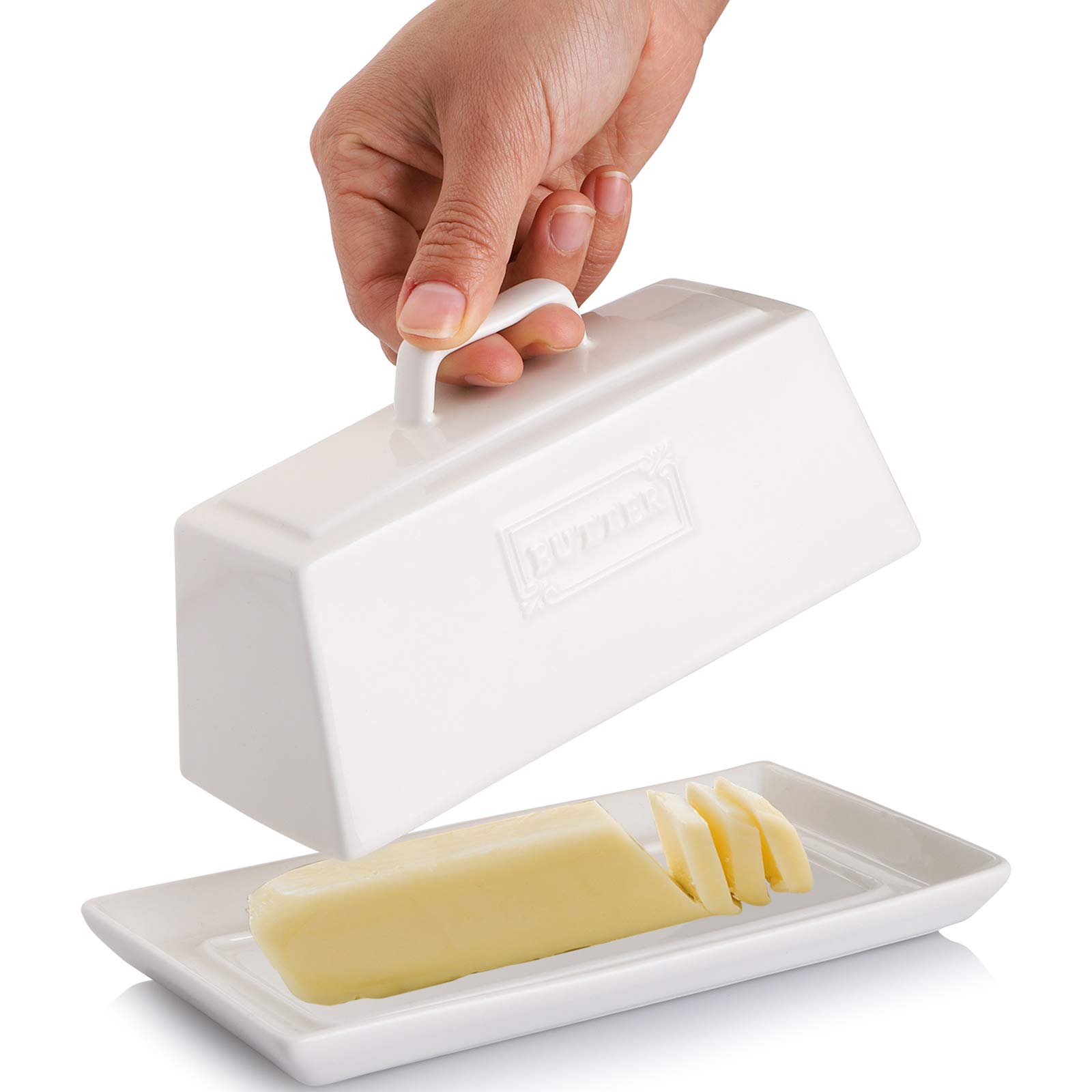 AVLA 2 Pack Porcelain Butter Dish with Lids, 7.6" Rectangle Ceramic Butter Keeper for Countertop, Covered Butter Tray Holder For Butter Storage, Holds 1 Stick, White