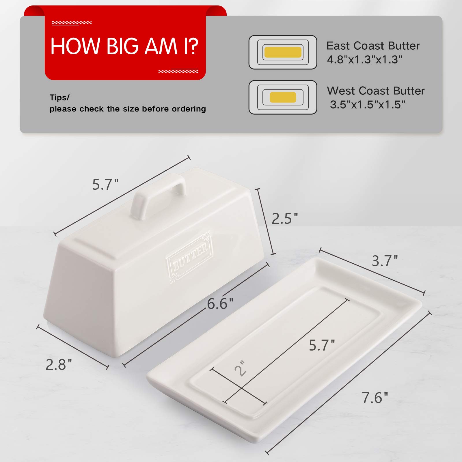 AVLA 2 Pack Porcelain Butter Dish with Lids, 7.6" Rectangle Ceramic Butter Keeper for Countertop, Covered Butter Tray Holder For Butter Storage, Holds 1 Stick, White