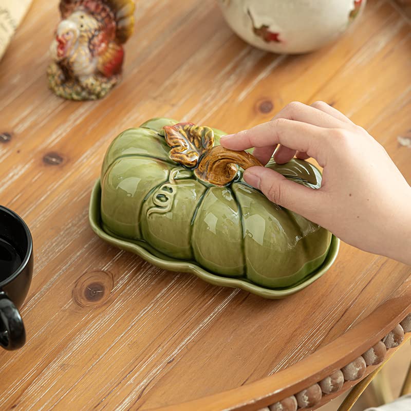 YINYUEDAO Pumpkin Butter Dish with Lid Ceramic Butter Keeper - for Butter, Dishes, Fruits - Butter Dish for Countertop, Counter, Refrigerator - Farmhouse Decoration for Kitchen ( Orange Pumpkin )