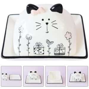 Cabilock Butter Dish with Lid Cute Cat Butter Box Ceramic Butter Container Holds for Countertop Cheese Butter Holder Butter Keeper for Home Kitchen Decor