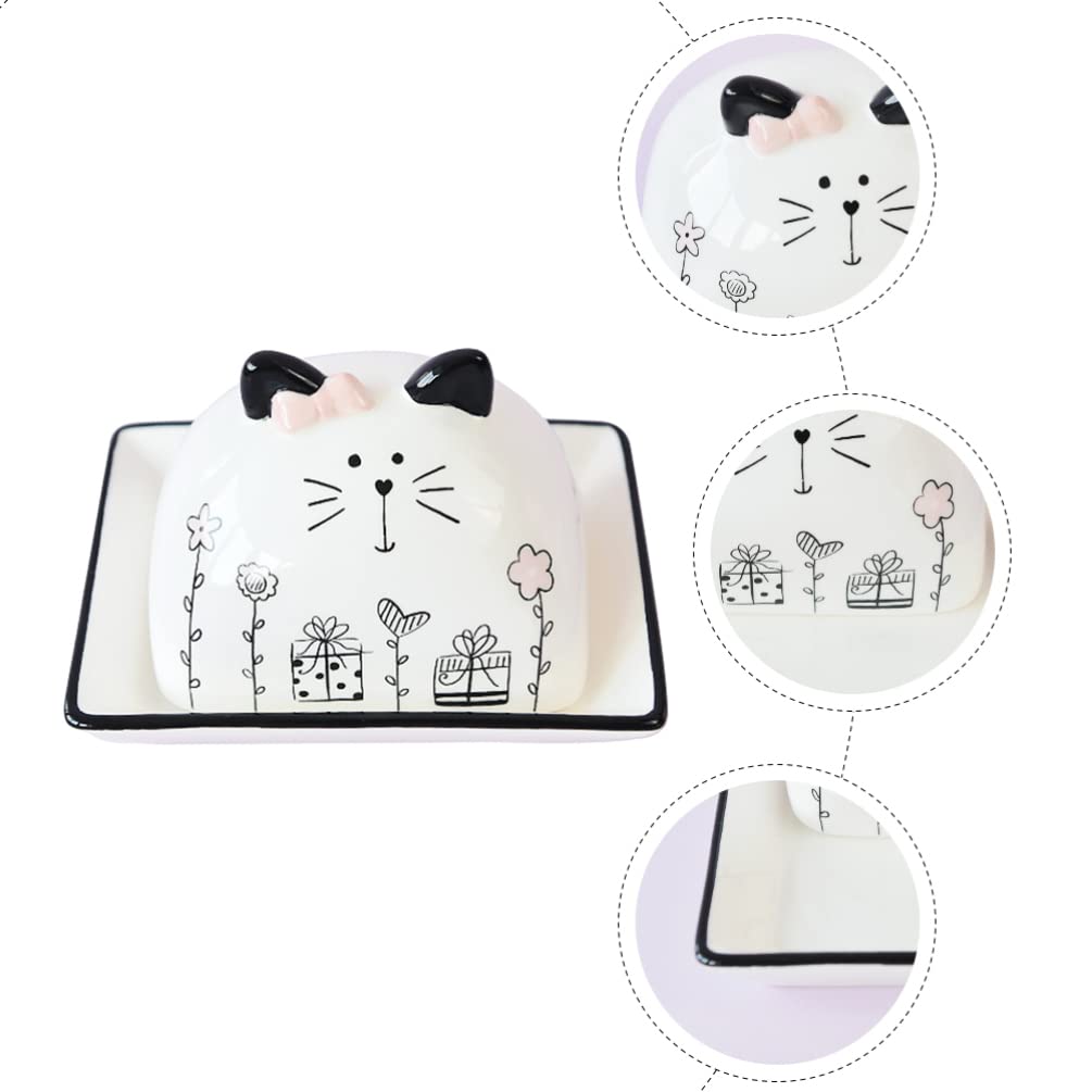 Cabilock Butter Dish with Lid Cute Cat Butter Box Ceramic Butter Container Holds for Countertop Cheese Butter Holder Butter Keeper for Home Kitchen Decor