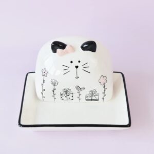 Cabilock Butter Dish with Lid Cute Cat Butter Box Ceramic Butter Container Holds for Countertop Cheese Butter Holder Butter Keeper for Home Kitchen Decor