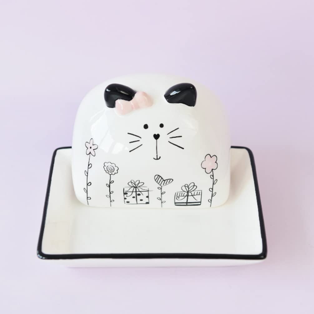 Cabilock Butter Dish with Lid Cute Cat Butter Box Ceramic Butter Container Holds for Countertop Cheese Butter Holder Butter Keeper for Home Kitchen Decor