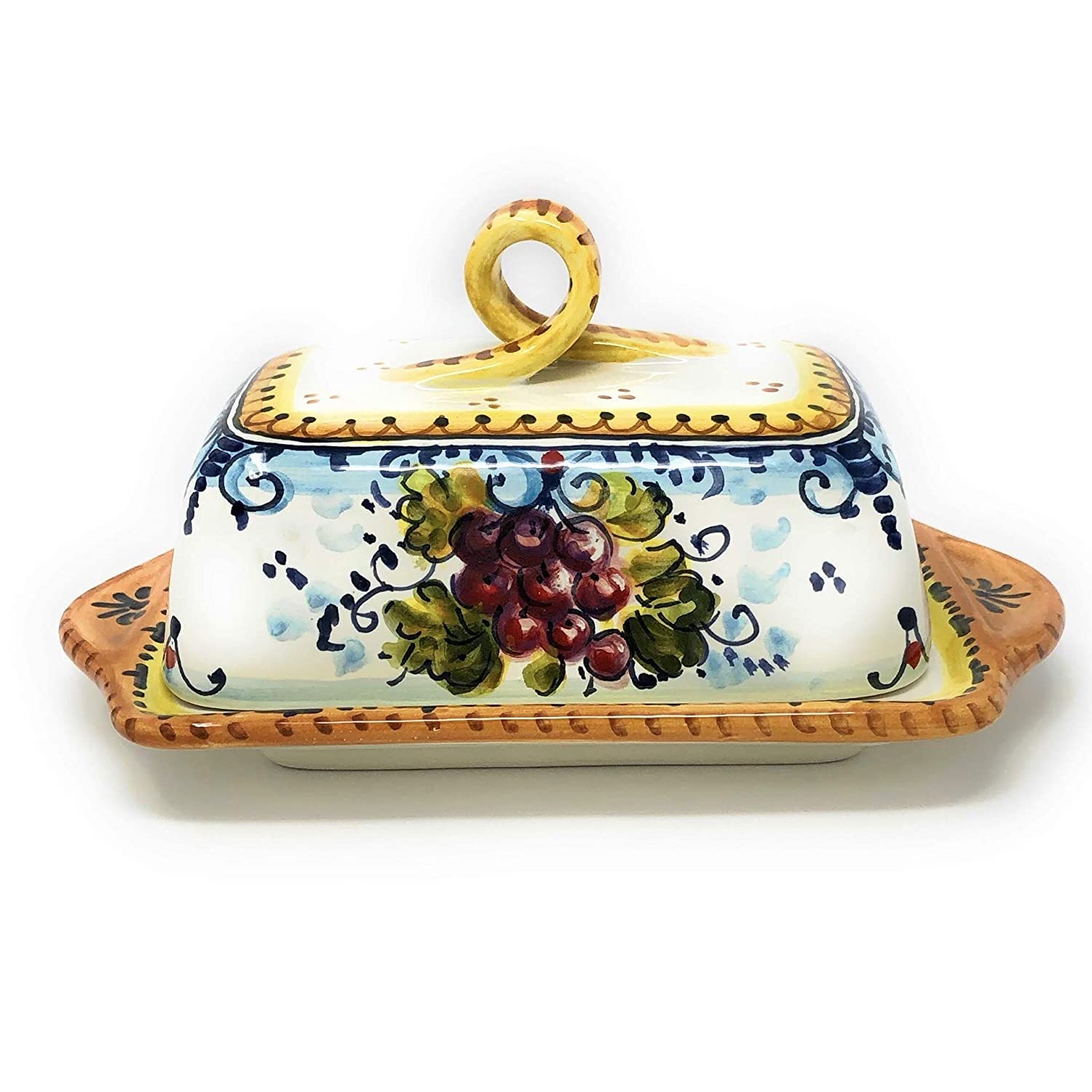 CERAMICHE D'ARTE PARRINI- Italian Ceramic Butter Dish Hand Painted Decorated Grape Made in ITALY Tuscan Art Pottery