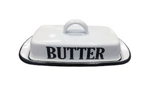 vip- vintage farmhouse style enamel butter dish, white and black