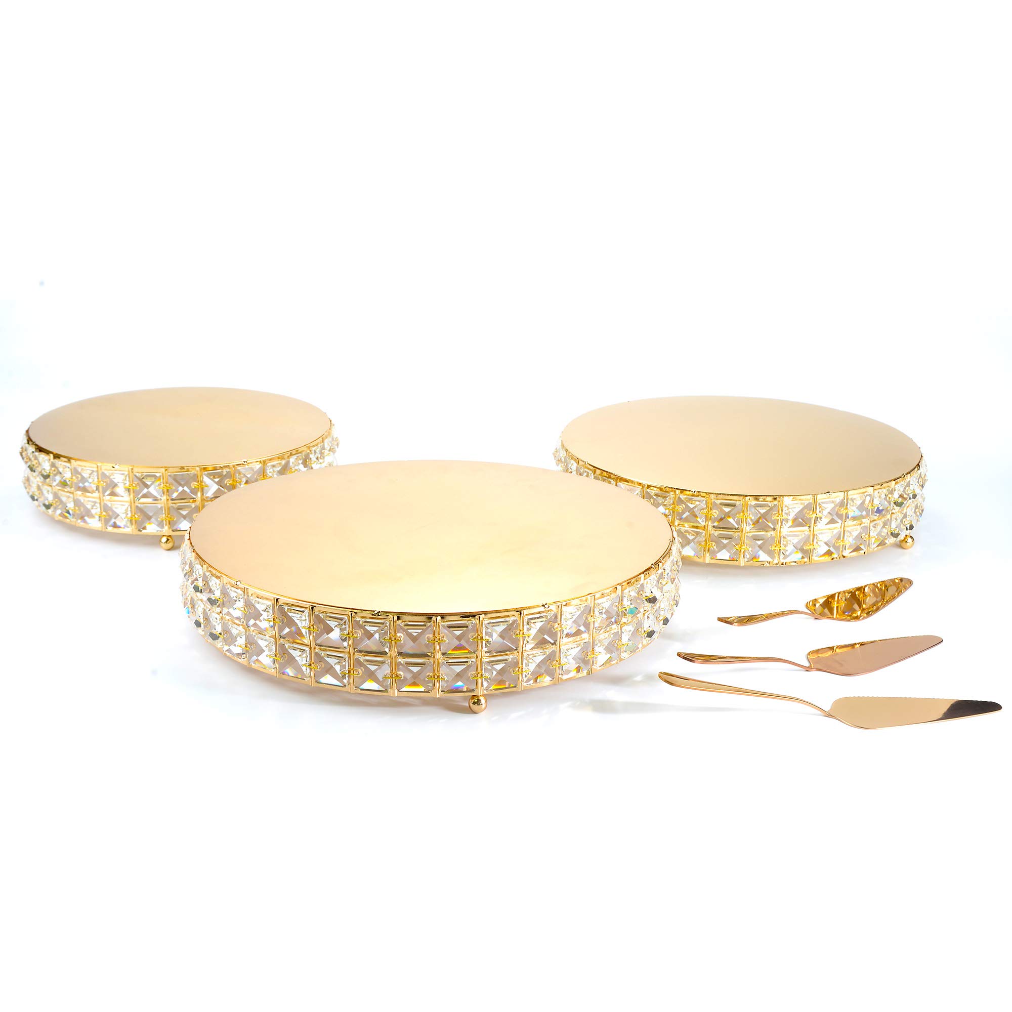 LINDLEMANN-Shiny Cake Stand-Decorative Metal Cake Holder with Spatula-Round Cake Stand-Genuine Mineral Crystals-Set of 3 Serving Plate Display- Mothers' & Easter Day Gift Tray-Gold (10 + 12 +13.5 in)