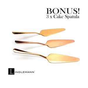 LINDLEMANN-Shiny Cake Stand-Decorative Metal Cake Holder with Spatula-Round Cake Stand-Genuine Mineral Crystals-Set of 3 Serving Plate Display- Mothers' & Easter Day Gift Tray-Gold (10 + 12 +13.5 in)