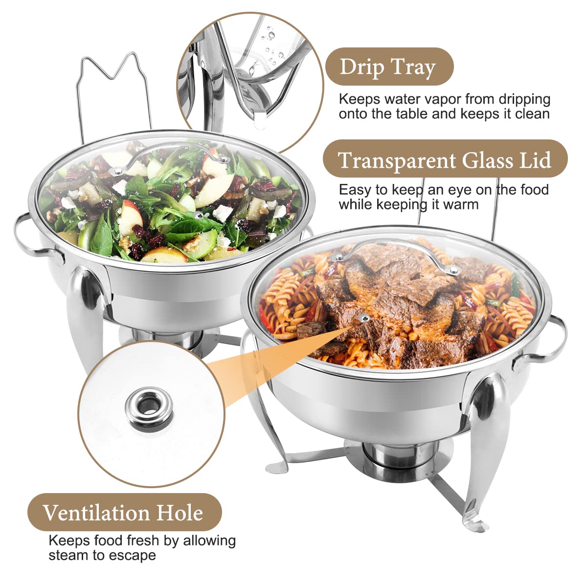 BriSunshine 6 QT Chafing Dish Buffet Set with Serving Spoons, 2 Packs Stainless Steel Round Chafing Dishes with Glass Lid & Lid Holder, Food Warmers for Parties Buffet Weddings Catering Events