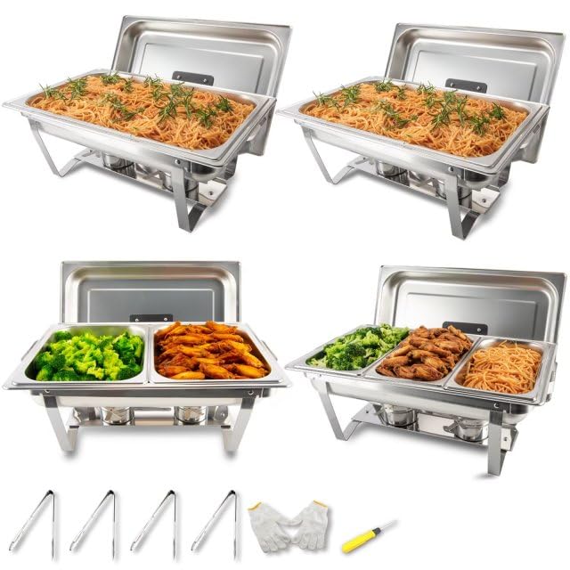 Festa Essential 4 Pack 8QT Rectangular Chafing Dish Buffet Set Stainless Steel Catering Chafers Food Warmer with Full,Half,1/3 Food Pan,Fuel Holder,Foldable Frame for Weddings/Parties/Banquets Events