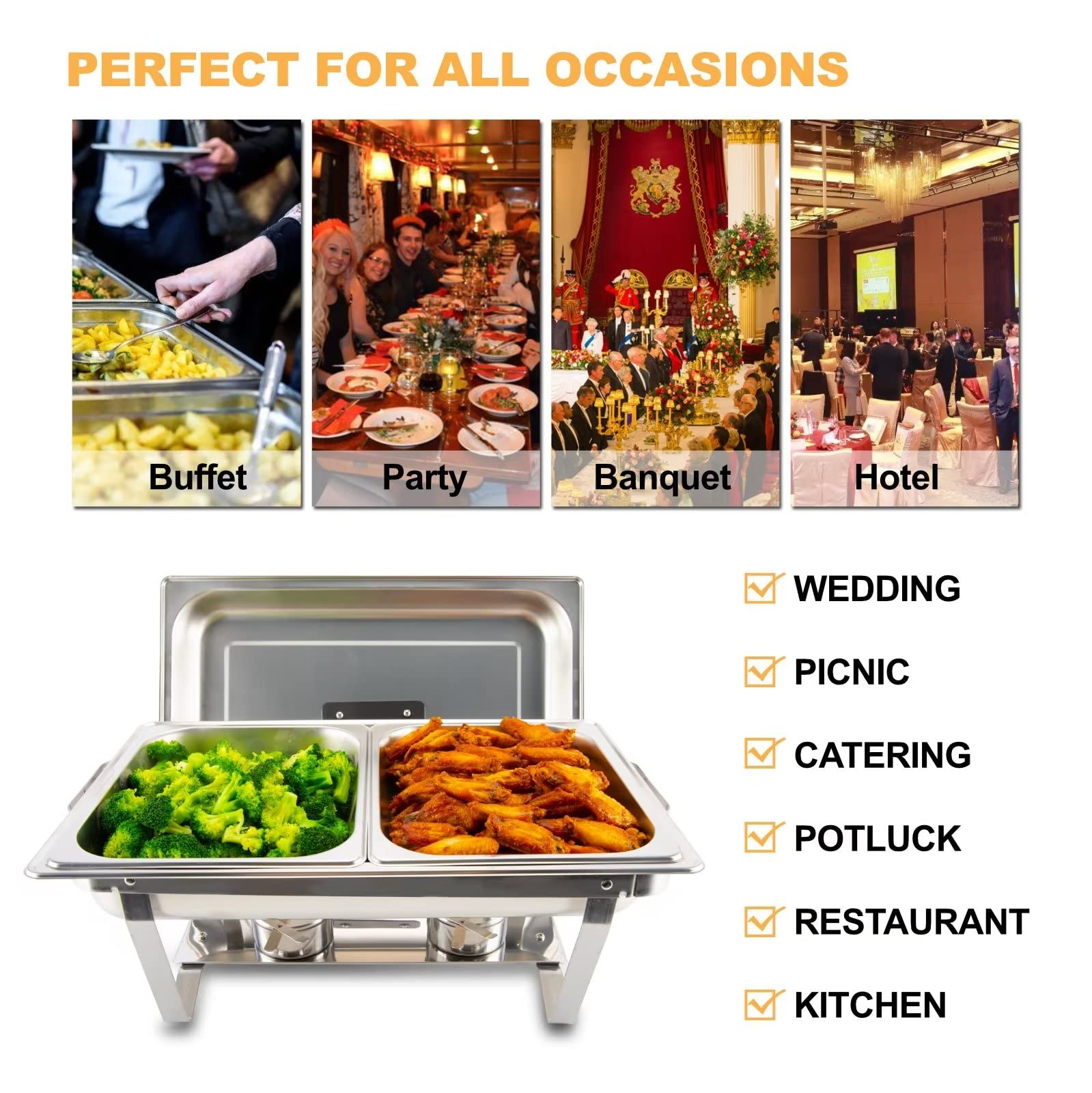 Festa Essential 4 Pack 8QT Rectangular Chafing Dish Buffet Set Stainless Steel Catering Chafers Food Warmer with Full,Half,1/3 Food Pan,Fuel Holder,Foldable Frame for Weddings/Parties/Banquets Events