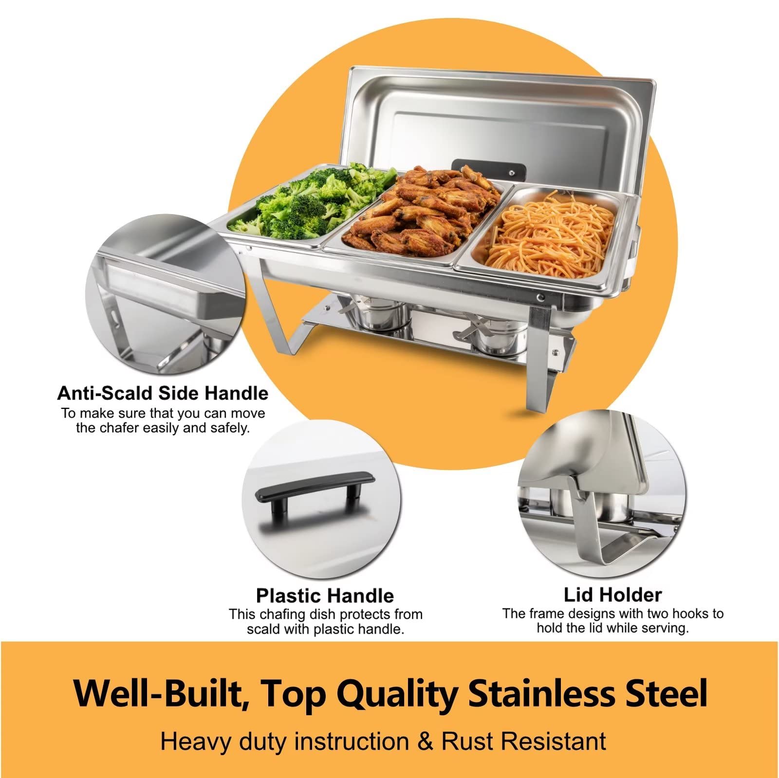 Festa Essential 4 Pack 8QT Rectangular Chafing Dish Buffet Set Stainless Steel Catering Chafers Food Warmer with Full,Half,1/3 Food Pan,Fuel Holder,Foldable Frame for Weddings/Parties/Banquets Events