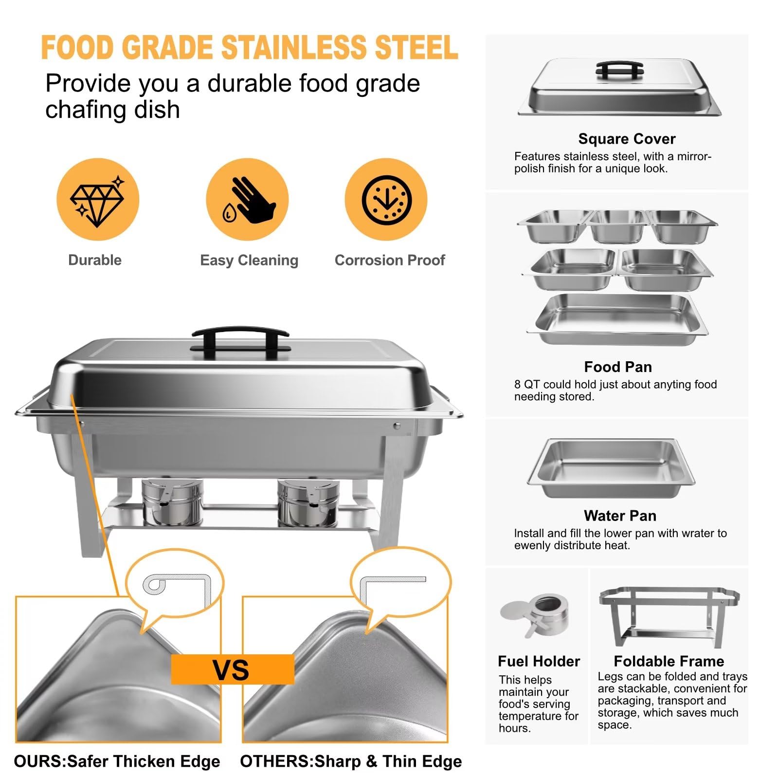 Festa Essential 4 Pack 8QT Rectangular Chafing Dish Buffet Set Stainless Steel Catering Chafers Food Warmer with Full,Half,1/3 Food Pan,Fuel Holder,Foldable Frame for Weddings/Parties/Banquets Events