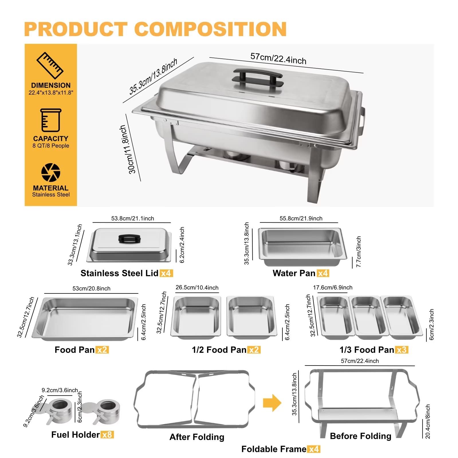 Festa Essential 4 Pack 8QT Rectangular Chafing Dish Buffet Set Stainless Steel Catering Chafers Food Warmer with Full,Half,1/3 Food Pan,Fuel Holder,Foldable Frame for Weddings/Parties/Banquets Events