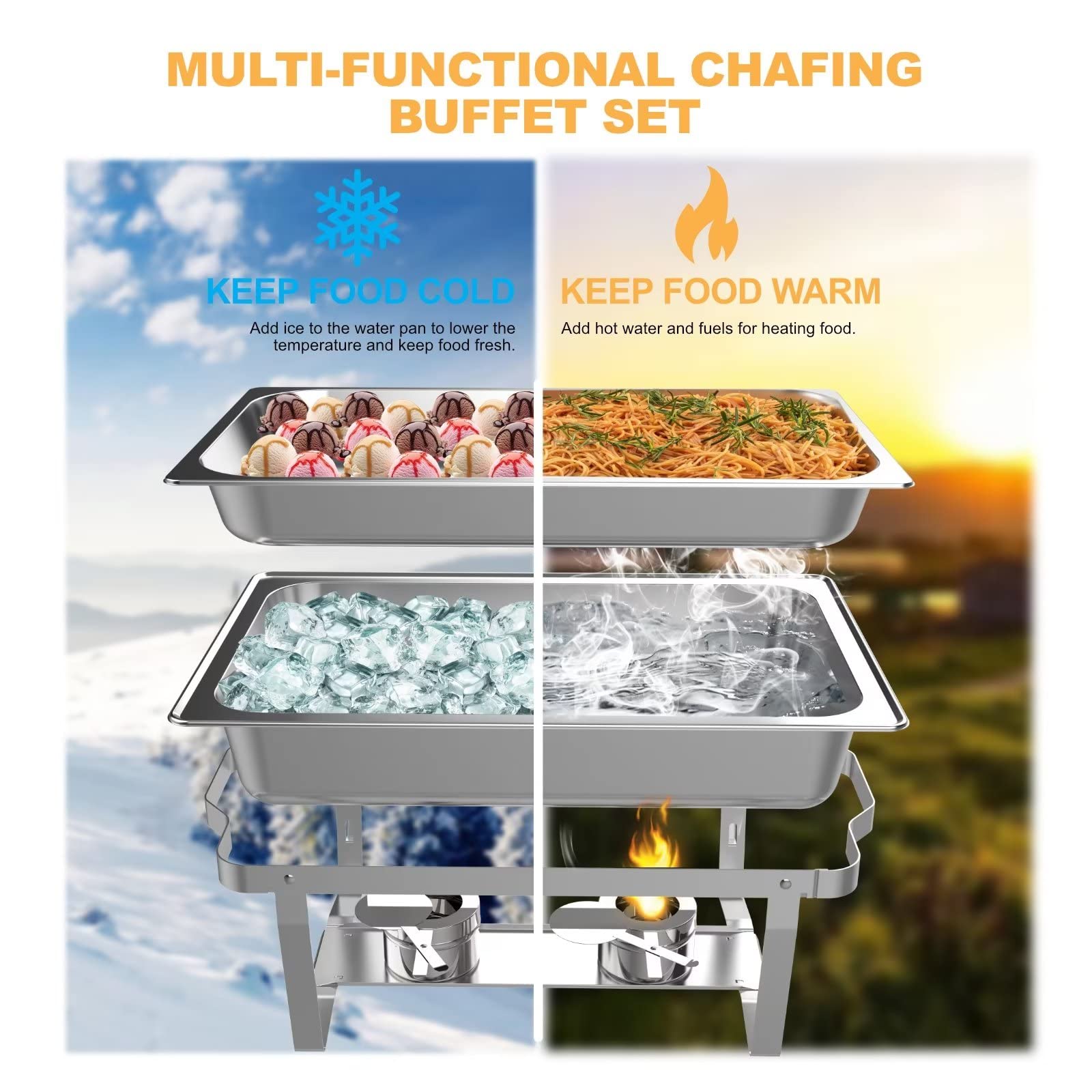 Festa Essential 4 Pack 8QT Rectangular Chafing Dish Buffet Set Stainless Steel Catering Chafers Food Warmer with Full,Half,1/3 Food Pan,Fuel Holder,Foldable Frame for Weddings/Parties/Banquets Events