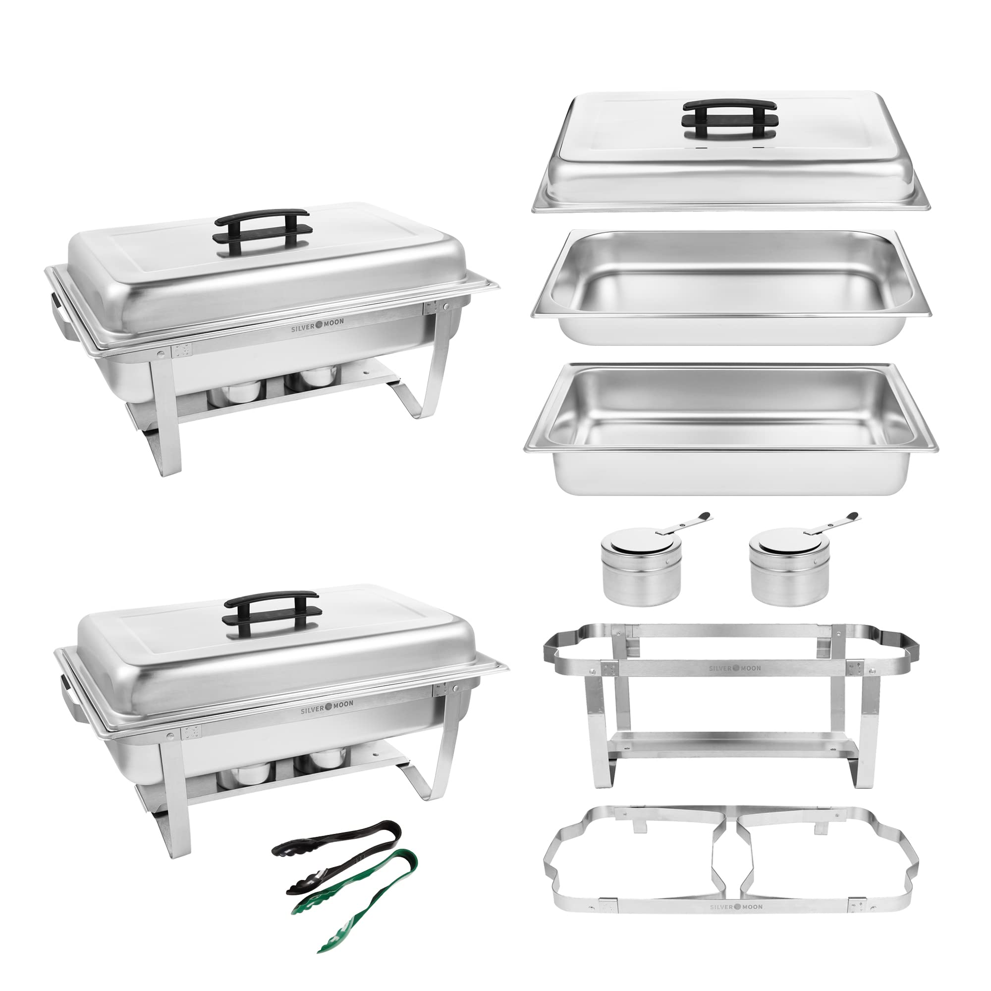 SILVER MOON 2 Pack 9 QT Stainless Steel Chafing Dish Buffet Set, Chafers and Buffet Warmers Sets, Foldable Chafing Dishes, Buffet Servers and Warmers, Food Warmers for Parties (Type 1)