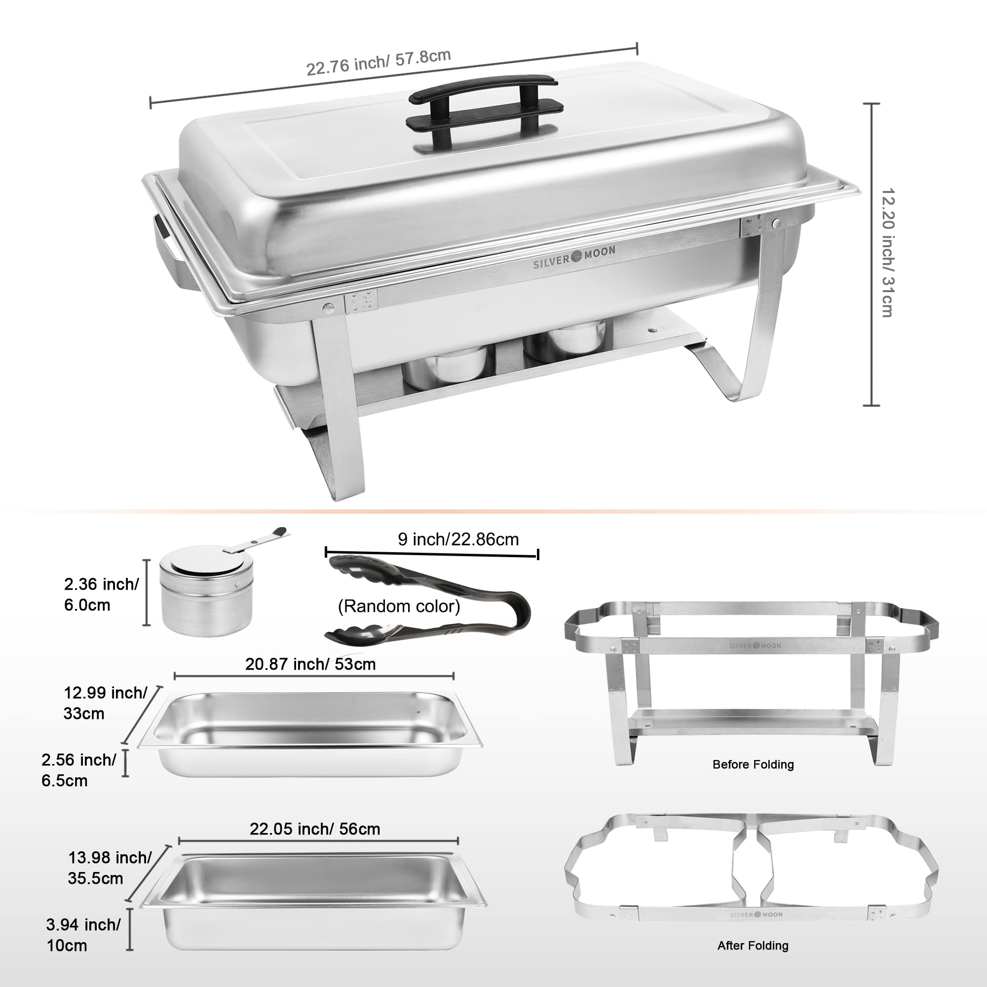 SILVER MOON 2 Pack 9 QT Stainless Steel Chafing Dish Buffet Set, Chafers and Buffet Warmers Sets, Foldable Chafing Dishes, Buffet Servers and Warmers, Food Warmers for Parties (Type 1)