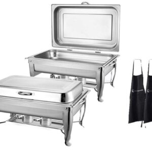 CHEFQ [2 Pack| 8Qt Deluxe Hinged Chafing Dish Foldable Frame Buffet Chafer Stainless Steel Food Warmer and 2 Aprons