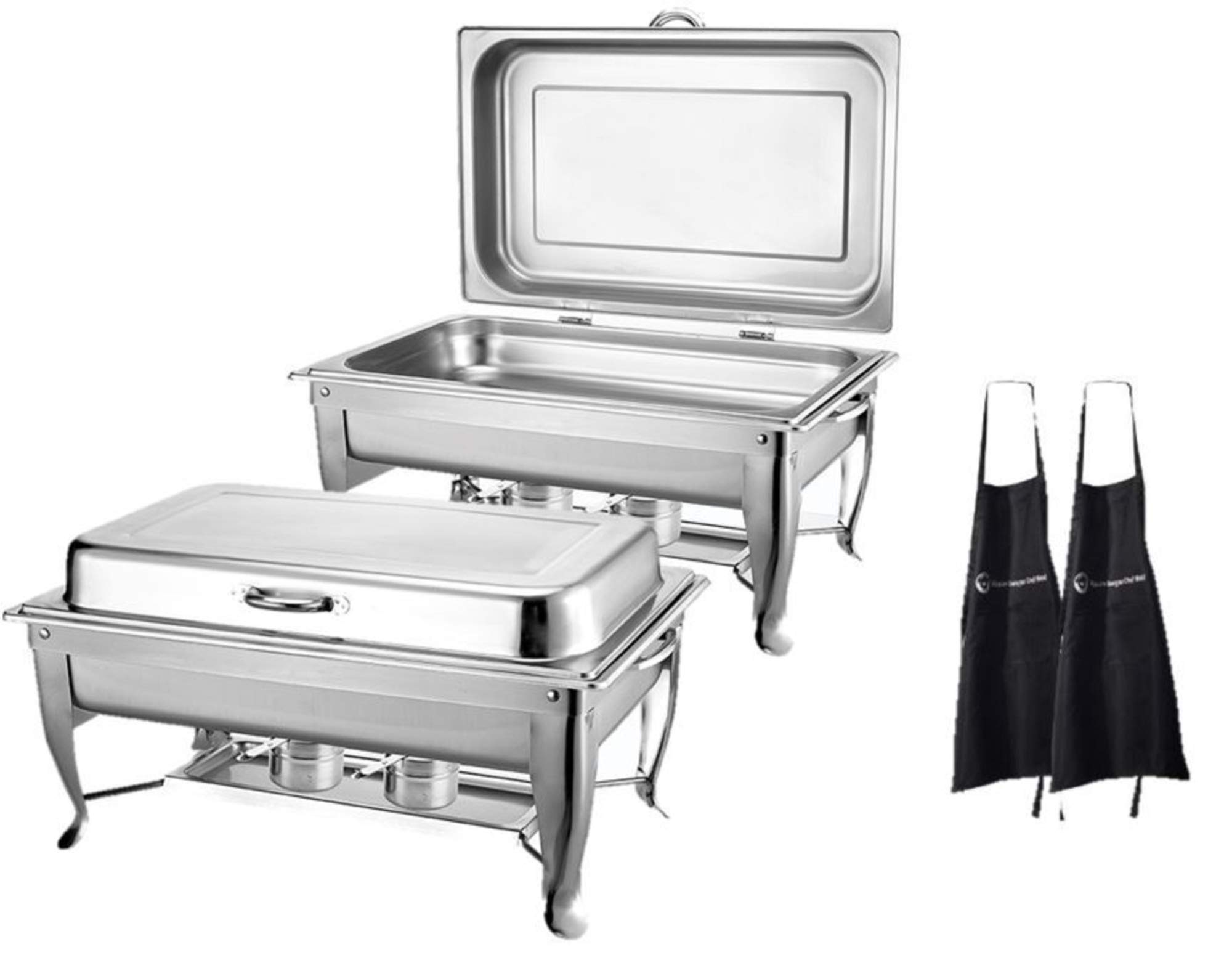 CHEFQ [2 Pack| 8Qt Deluxe Hinged Chafing Dish Foldable Frame Buffet Chafer Stainless Steel Food Warmer and 2 Aprons