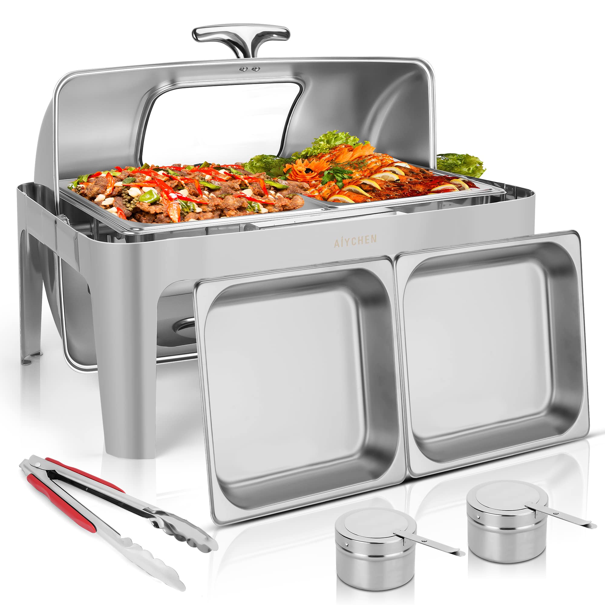 Chafing Dish Buffet Set 9 QT Chafers and Buffet Warmers Sets High Grade Stainless Steel Chafer Complete Set with Gas Container Visual Lid Spoon Temperature Control for Catering Supplies (2 Pan)