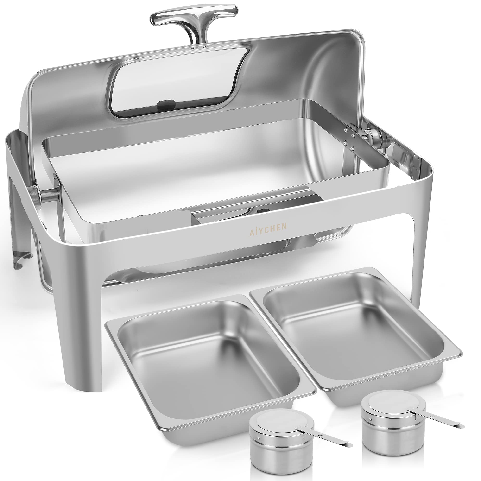 Chafing Dish Buffet Set 9 QT Chafers and Buffet Warmers Sets High Grade Stainless Steel Chafer Complete Set with Gas Container Visual Lid Spoon Temperature Control for Catering Supplies (2 Pan)