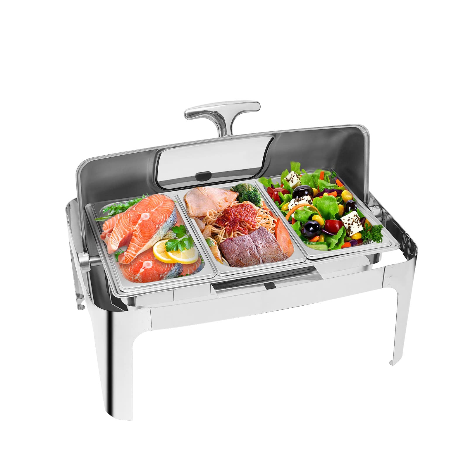 Roll-top Chafing Dish Buffet Warmer Commercial 3-Pot Catering Warmer Set Sliver Food Warmer with Stainless Steel Rolling Lid Chafer Chafers for Weddings, Buffets or Other Banquets