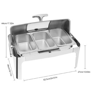 Roll-top Chafing Dish Buffet Warmer Commercial 3-Pot Catering Warmer Set Sliver Food Warmer with Stainless Steel Rolling Lid Chafer Chafers for Weddings, Buffets or Other Banquets