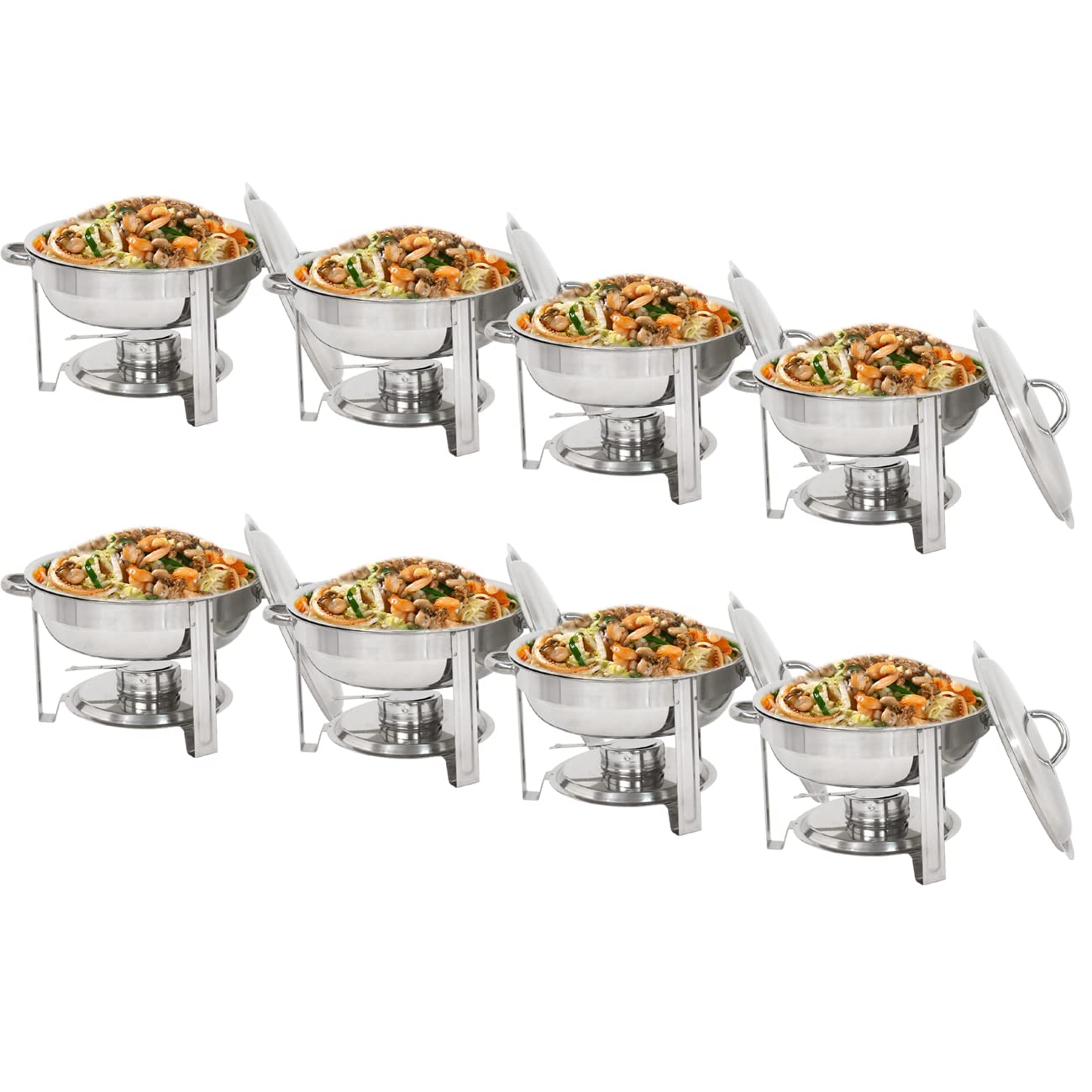 ZENY Pack of 8 Round Chafing Dish Set, 5 Quart Stainless Steel Deep Pans for Party Catering, Complete Buffet Servers and Warmers Set with Chafing Fuel Holder