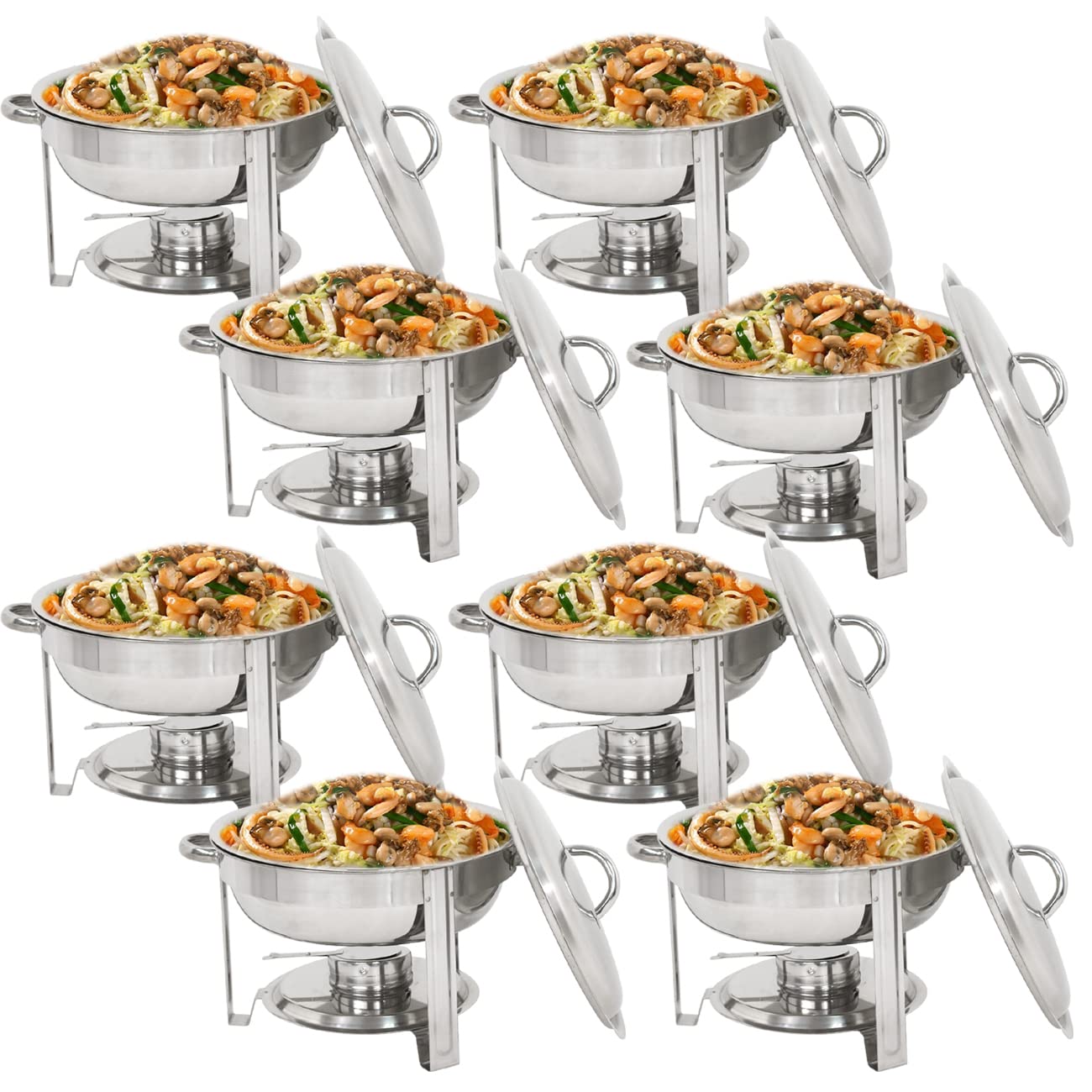 ZENY Pack of 8 Round Chafing Dish Set, 5 Quart Stainless Steel Deep Pans for Party Catering, Complete Buffet Servers and Warmers Set with Chafing Fuel Holder