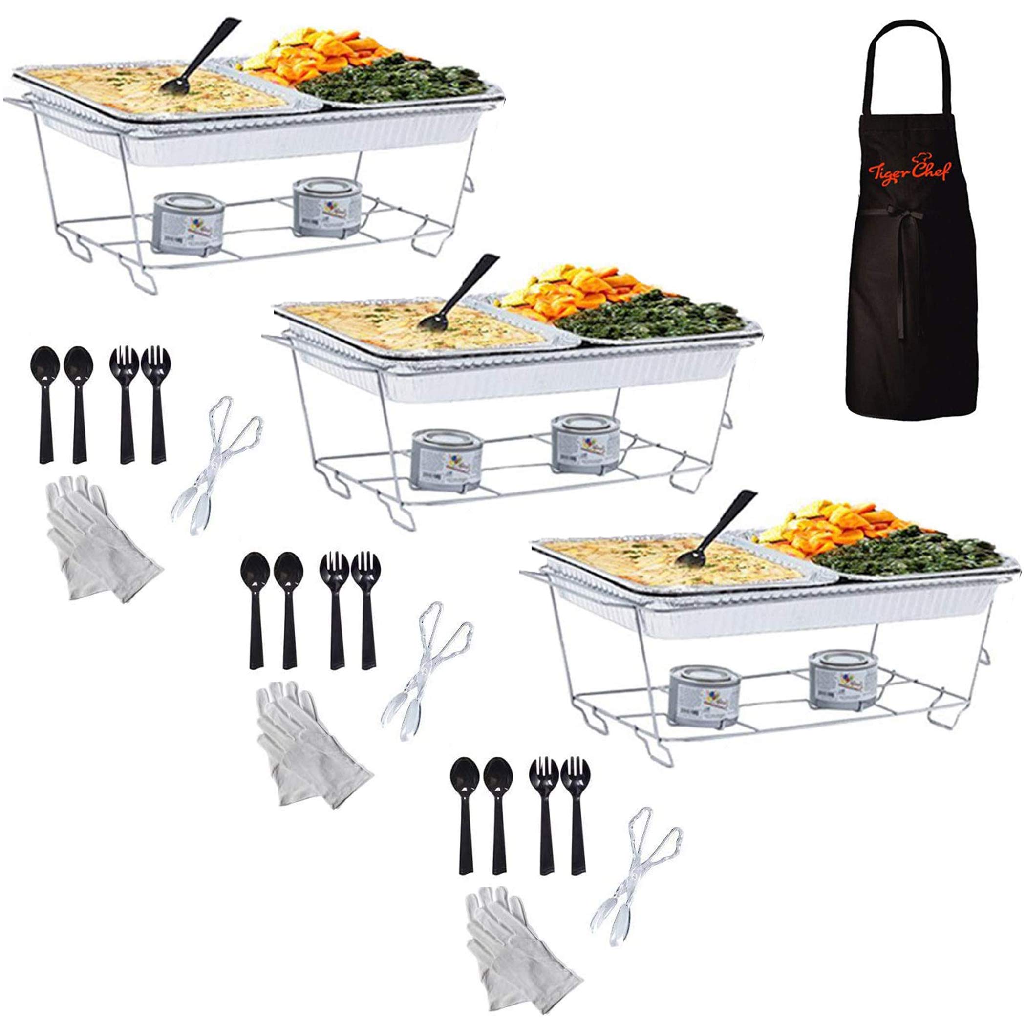 Tiger Chef Chafing Dish Buffet Set Disposable - Full Size Disposable Wire Chafer Stand Kit - Chafing Stands, Fuel Gel Cans, Aluminum Pans, Serving Tong & Utensils (40 Piece)