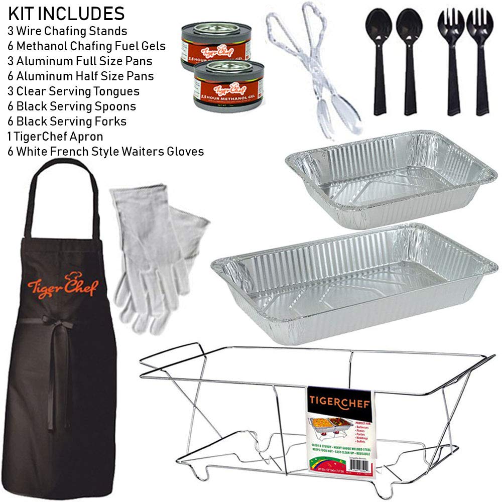 Tiger Chef Chafing Dish Buffet Set Disposable - Full Size Disposable Wire Chafer Stand Kit - Chafing Stands, Fuel Gel Cans, Aluminum Pans, Serving Tong & Utensils (40 Piece)