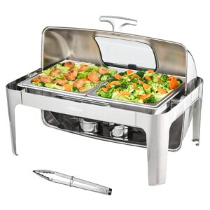 vevor roll top chafing dish buffet set, 9 qt, stainless steel chafer with 2 half size pans, rectangle catering warmer server with visible lid water pan stand fuel holder clip, for at least 9 people