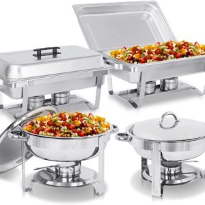 SUPER DEAL Stainless Steel Combo - 2 Round Chafing Dish and 2 Rectangular Chafers with FoldableFrames