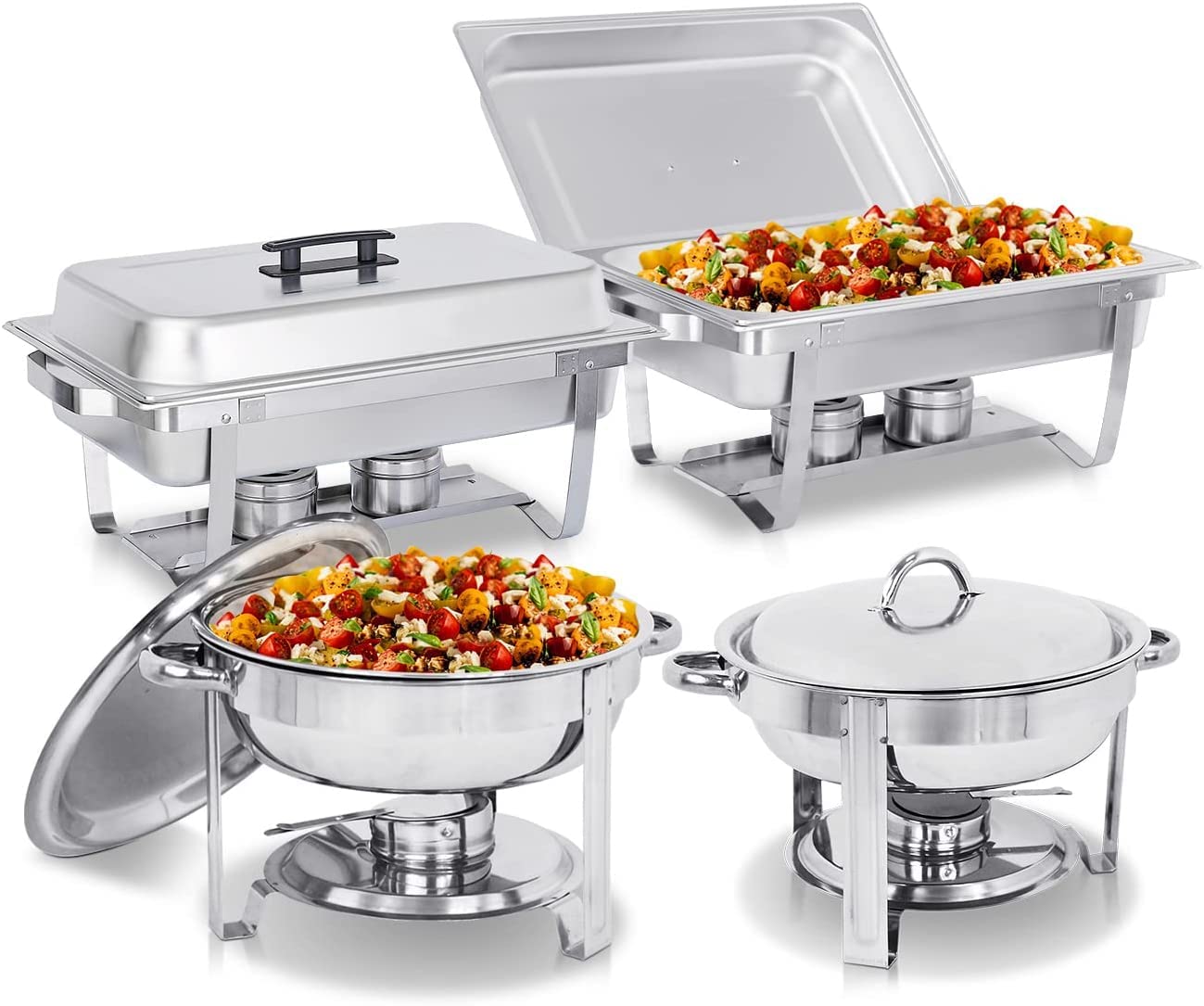 SUPER DEAL Stainless Steel Combo - 2 Round Chafing Dish and 2 Rectangular Chafers with FoldableFrames