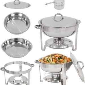 SUPER DEAL Stainless Steel Combo - 2 Round Chafing Dish and 2 Rectangular Chafers with FoldableFrames