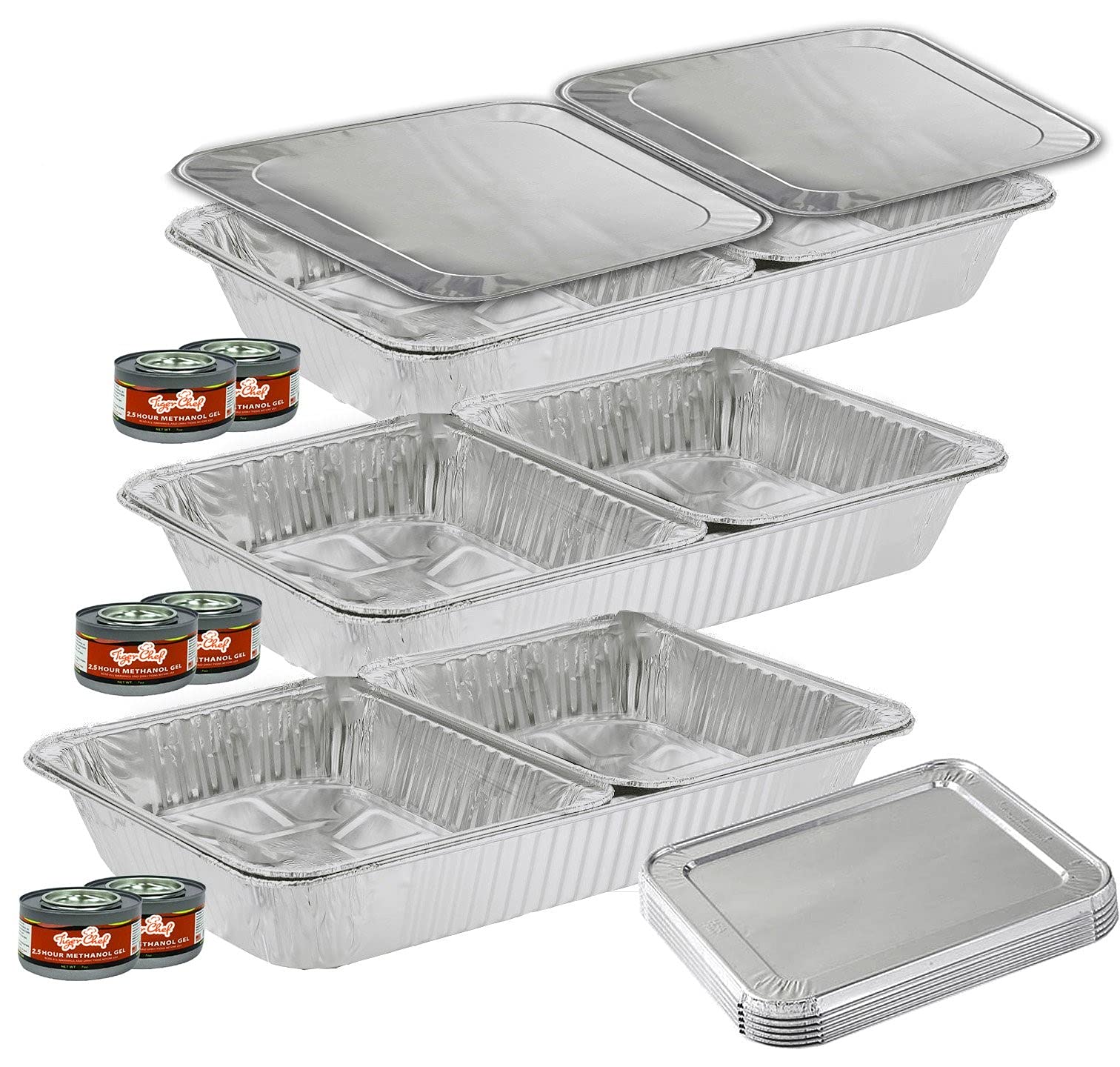 Tiger Chef Chafer Pans Set Includes 3 Full Size Aluminum Steam Table Pans, 6 Half Size Aluminum Foil Pans with 6 Lids and 6 Gel Fuel Cans - (21 Piece Refill Set)