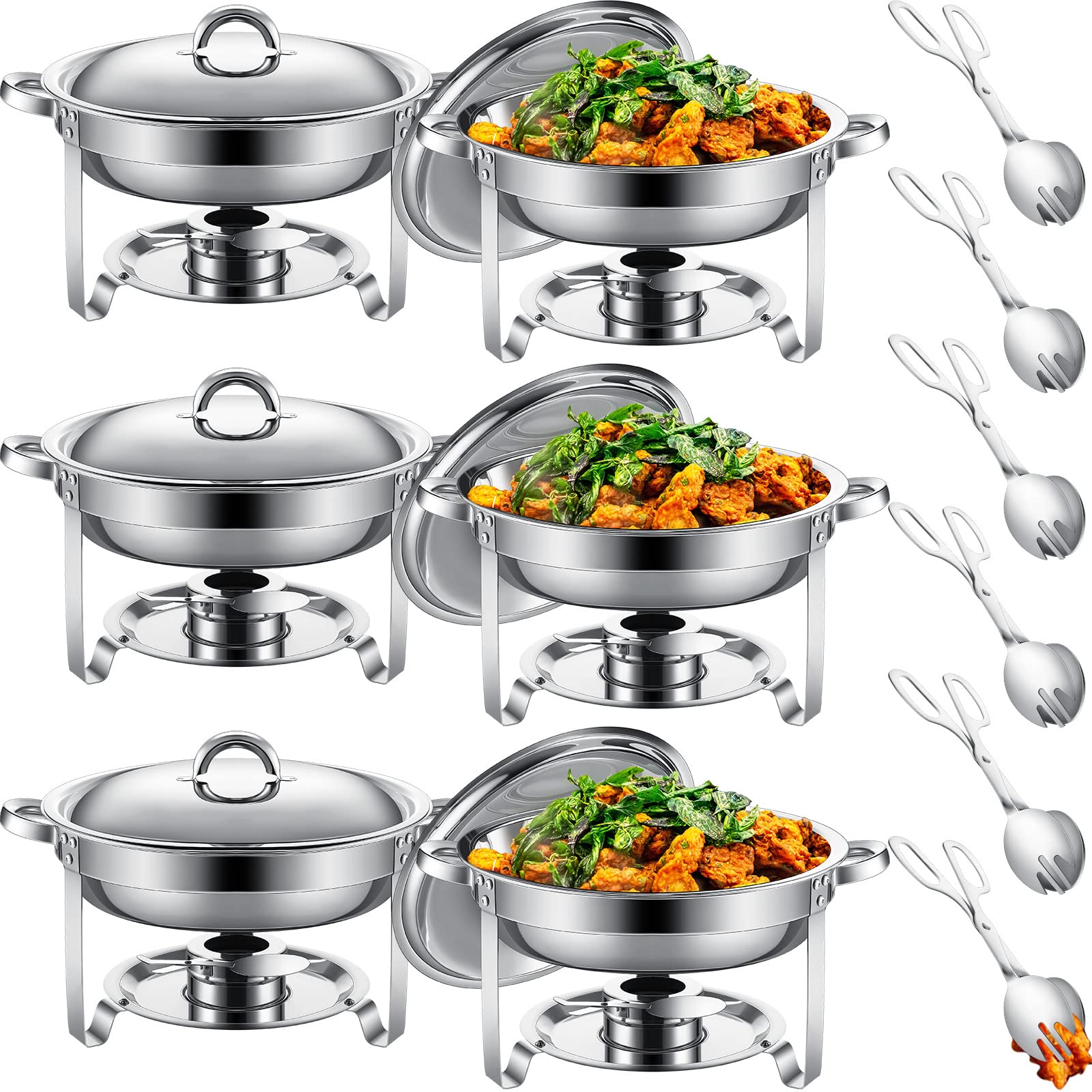 6 Pack Round Chafing Dish Buffet Set with Food Tongs 4 qt Stainless Steel Round Chafers for Catering, Buffet Server and Warmer Set Chafers Food Warmers for Party Banquet Wedding Events