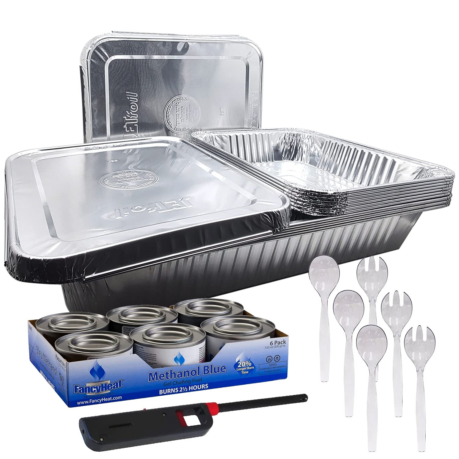 Nicole Fantini 28 Piece Refill Disposable Aluminum Chafing Dish Buffet Party Set - Includes Aluminum pans, Methanol Fuel, Serving Utensils & HANDI LIGHTER (Racks are NOT included)